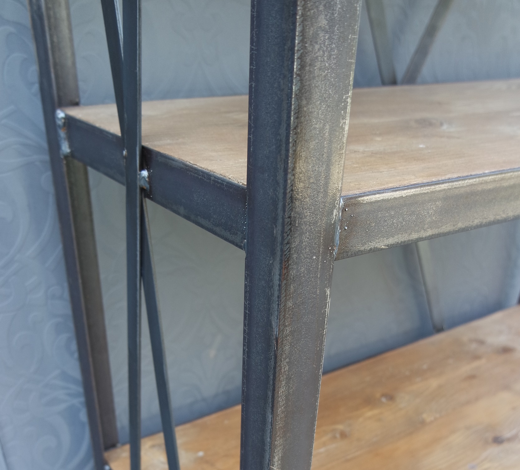 shelving, polished steel, reclaimed timber