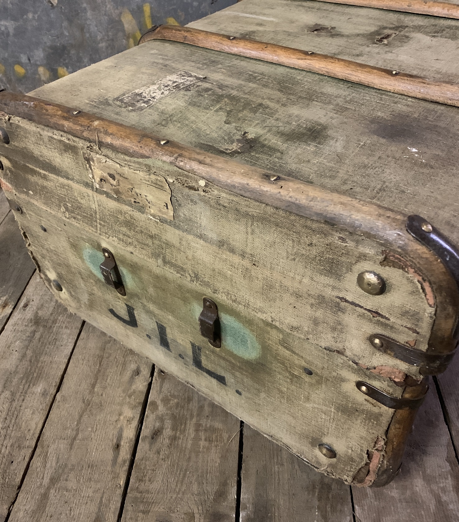 1930s green canvas banded trunk | Metroretro