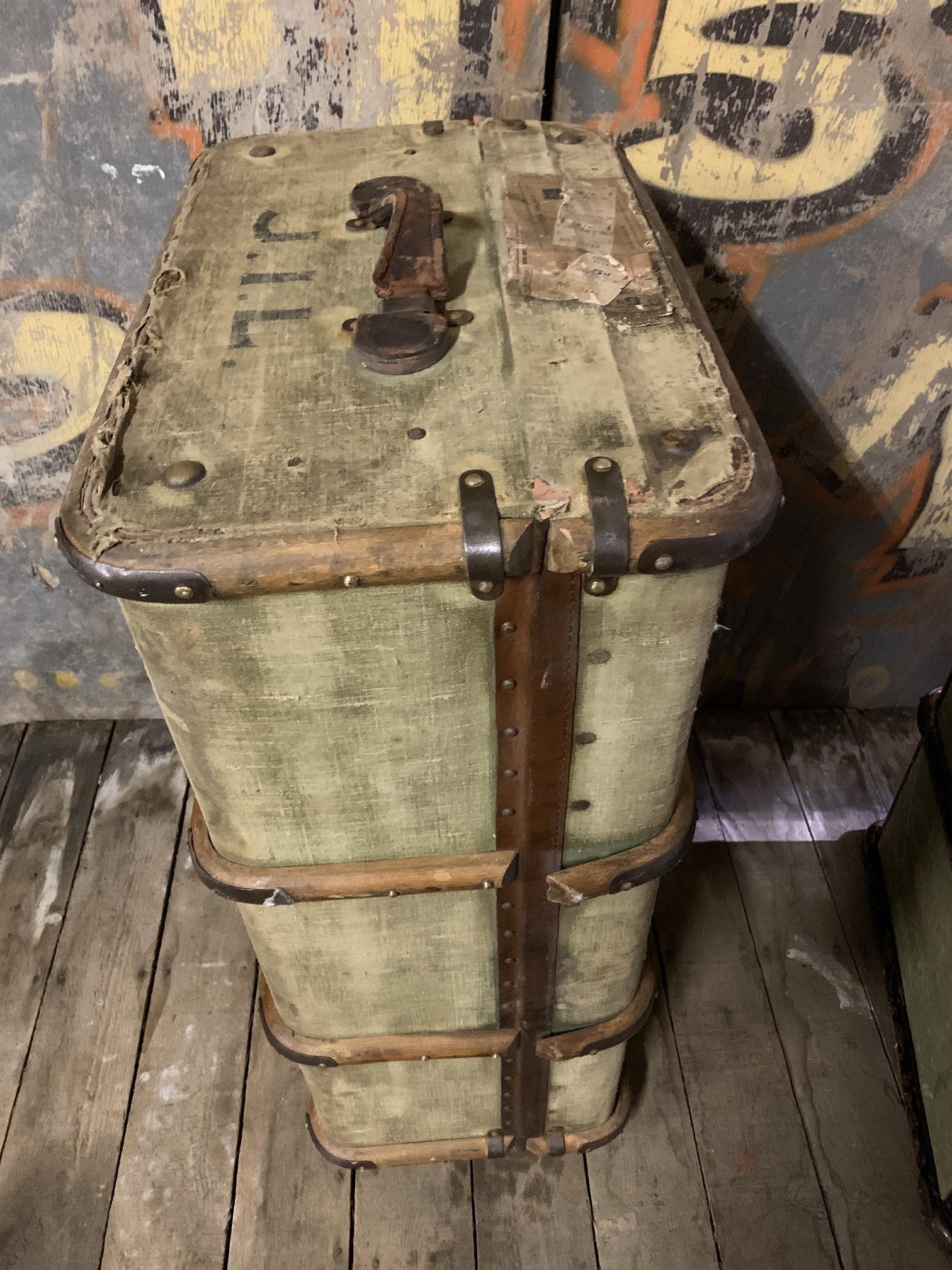 1930s green canvas banded trunk | Metroretro