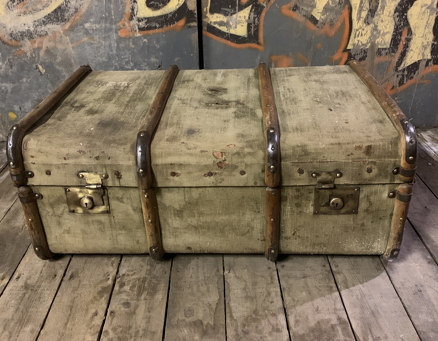 1930s green canvas banded trunk | Metroretro
